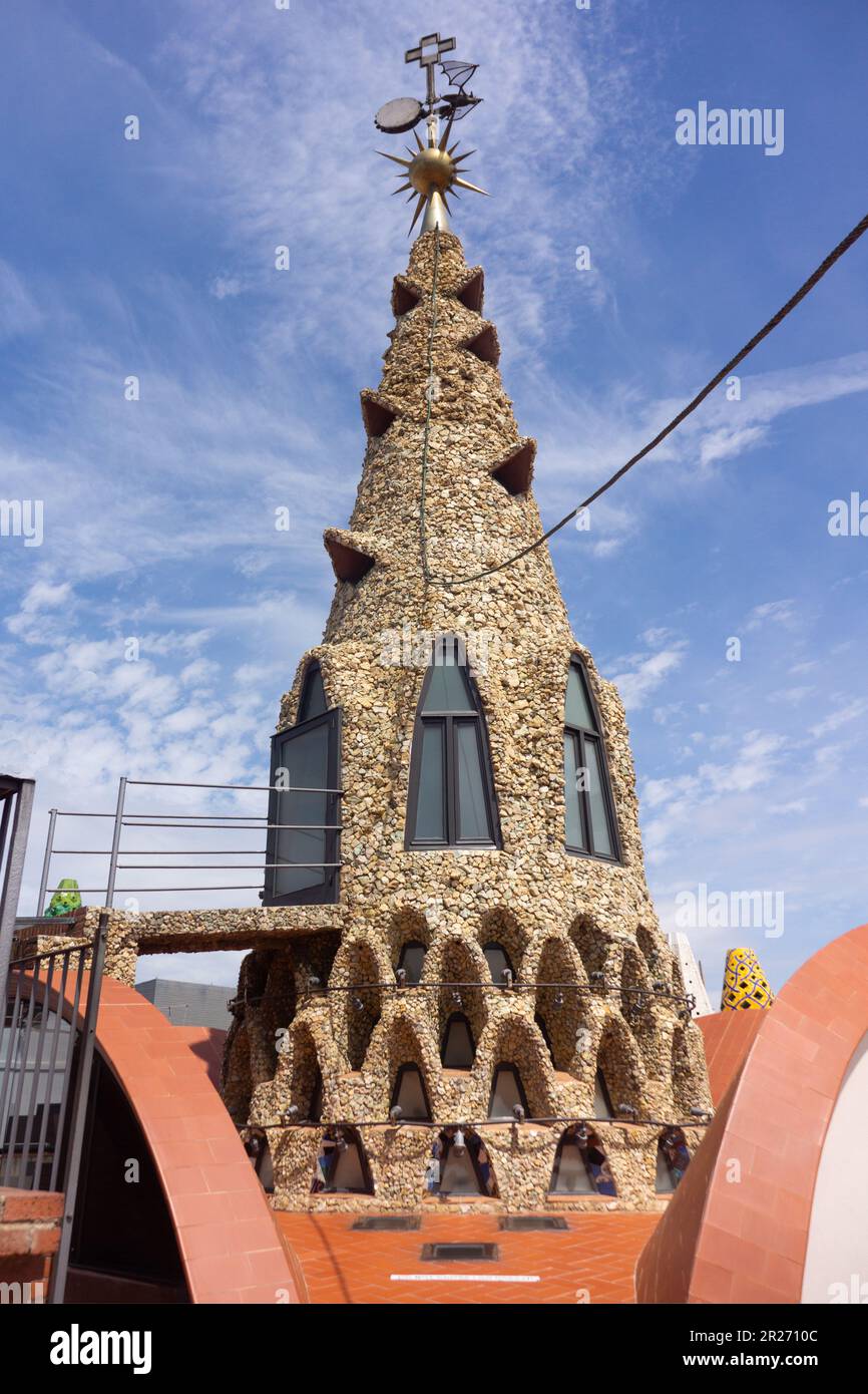 One of many mosaic chimneys designed by Gaudi on the rooftop of Guell ...