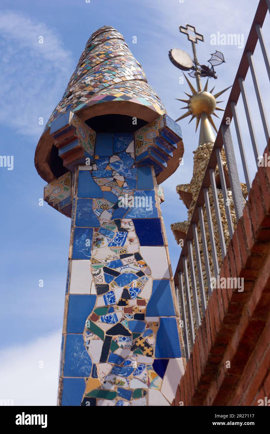 One of many mosaic chimneys designed by Gaudi on the rooftop of Guell ...