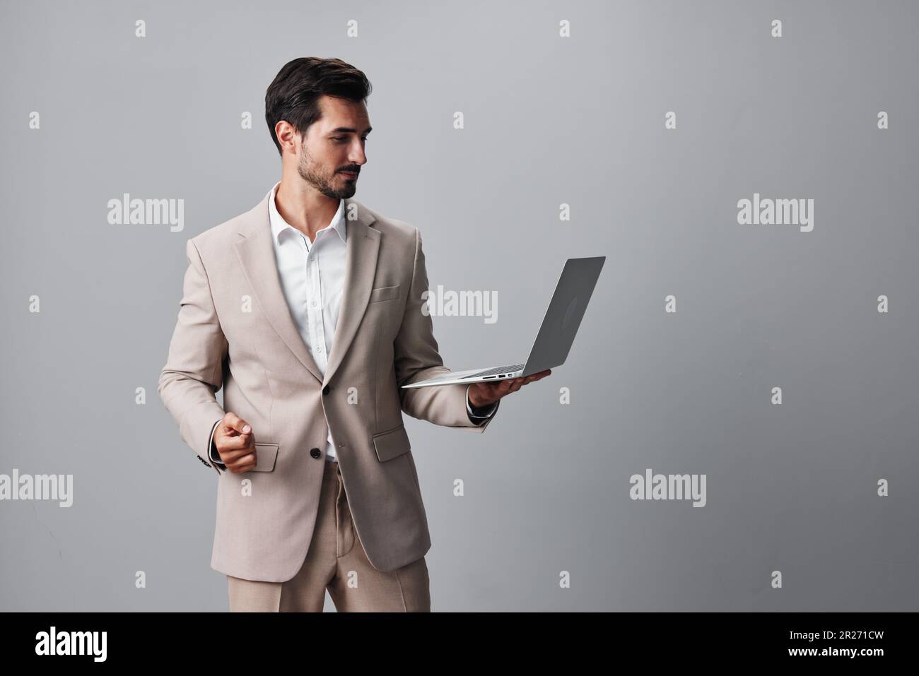 technology man smiling wireless computer laptop freelancer suit online ...