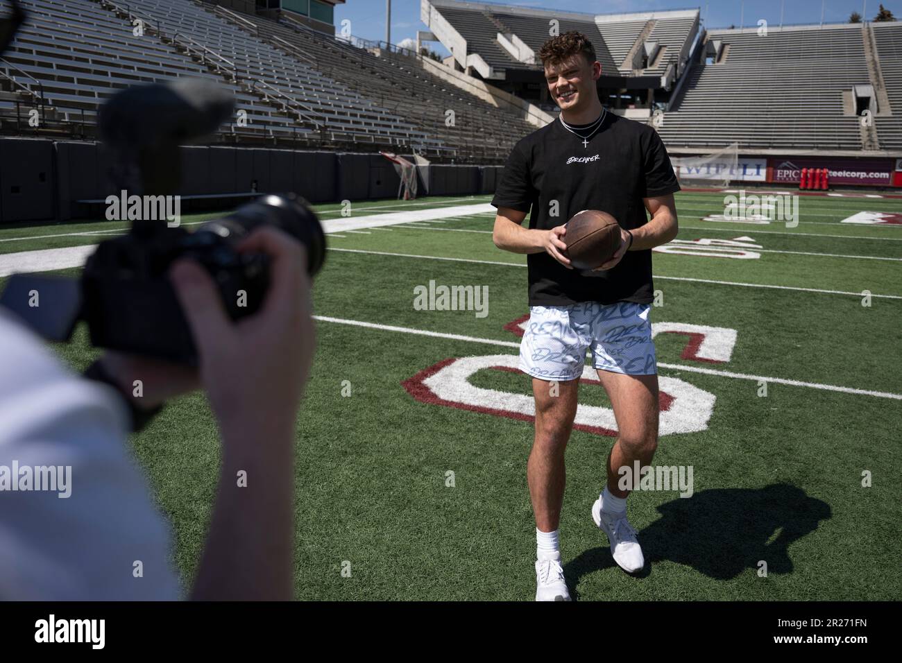 Adam Botkin a football TikTok influencer, records a video for a post at ...