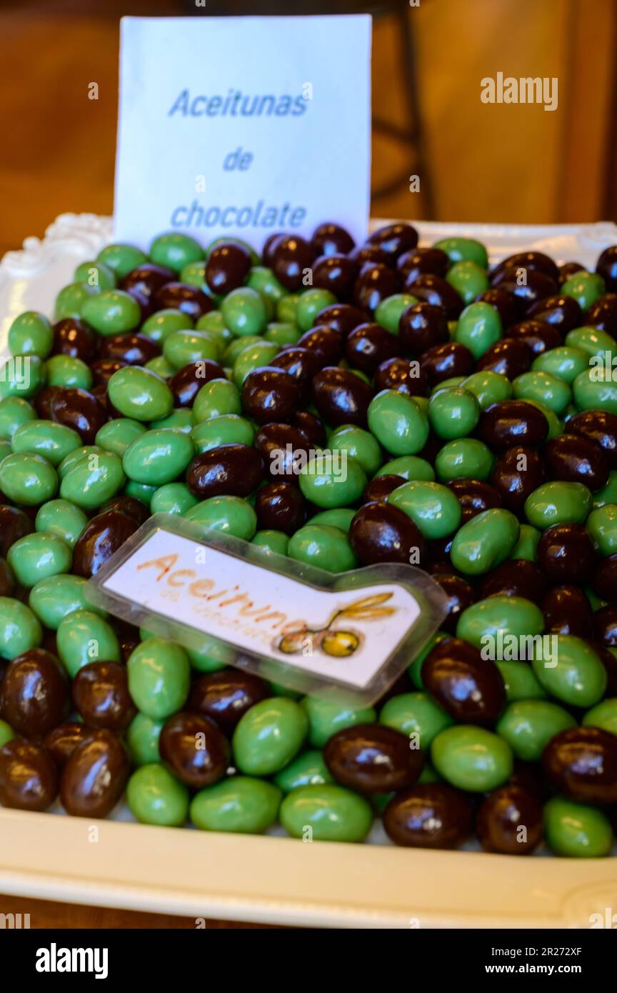 Sweet fruit candy beads in artisan Spanish confectionery shop, english ...
