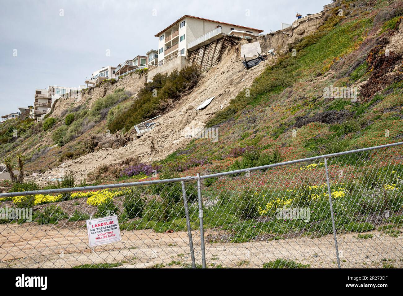 Landslide of cliff after major storm in residential area of San ...