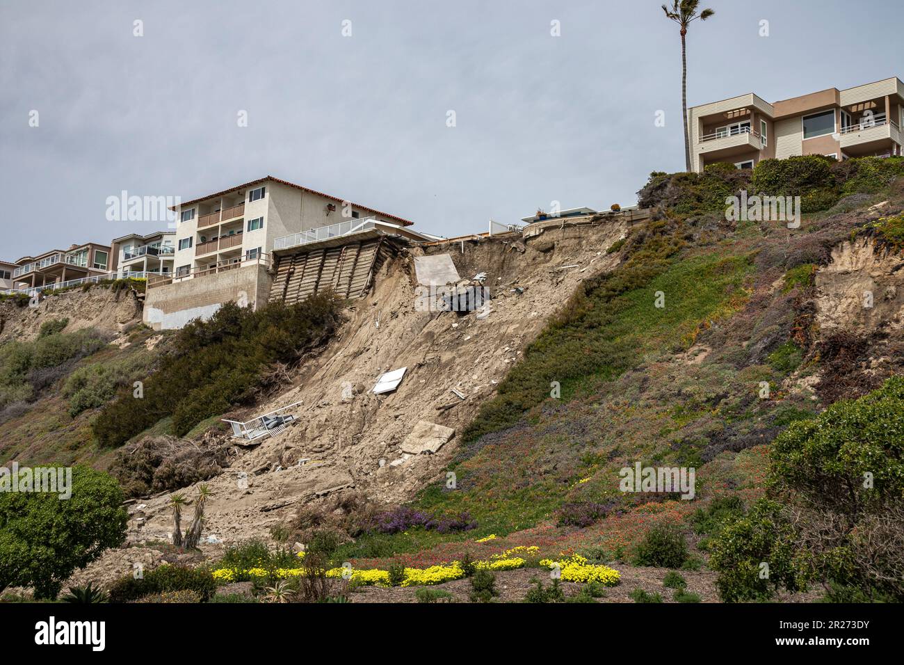 Landslide of cliff after major storm in residential area of San ...