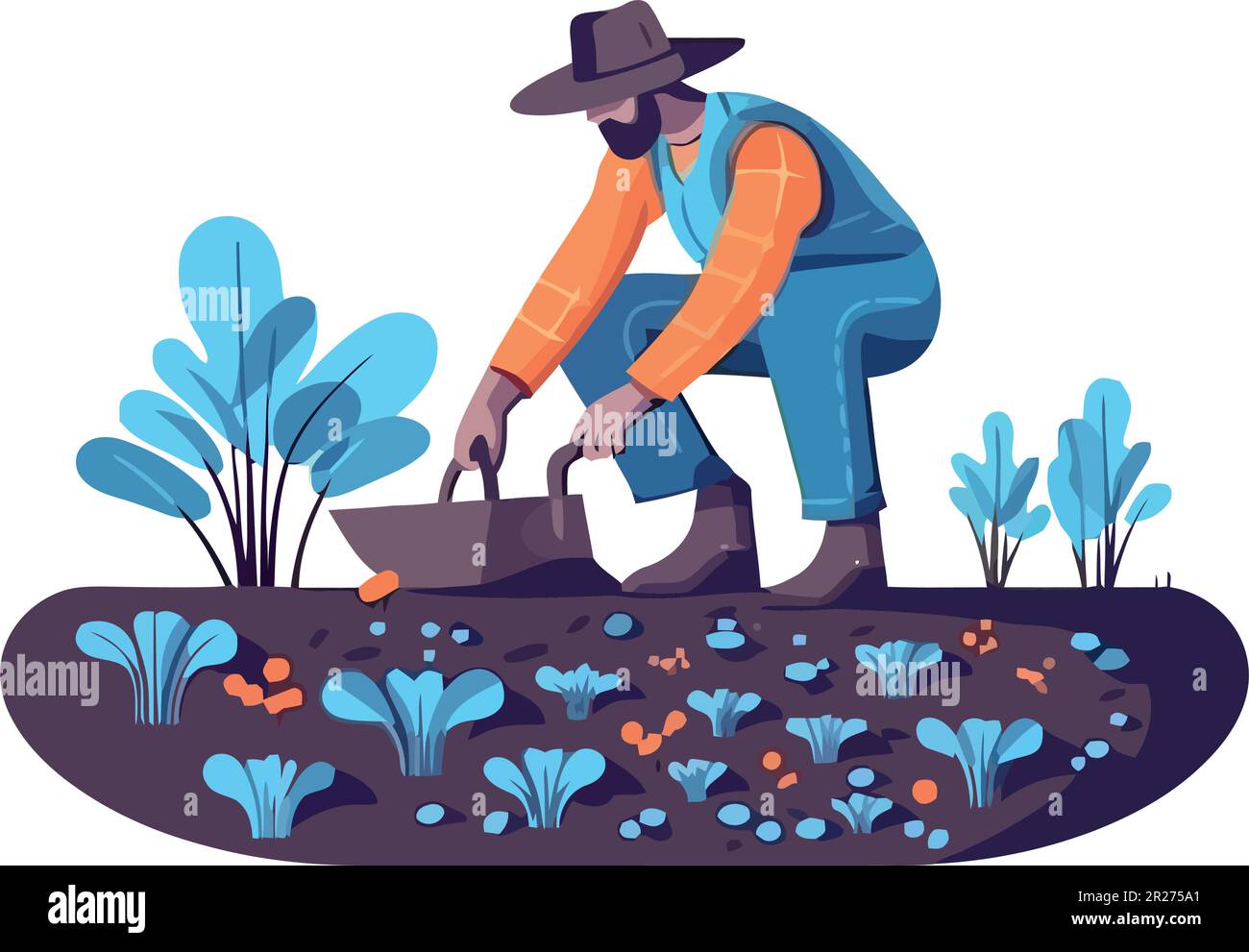 Working farmer planting organic flowers in summer over white Stock ...