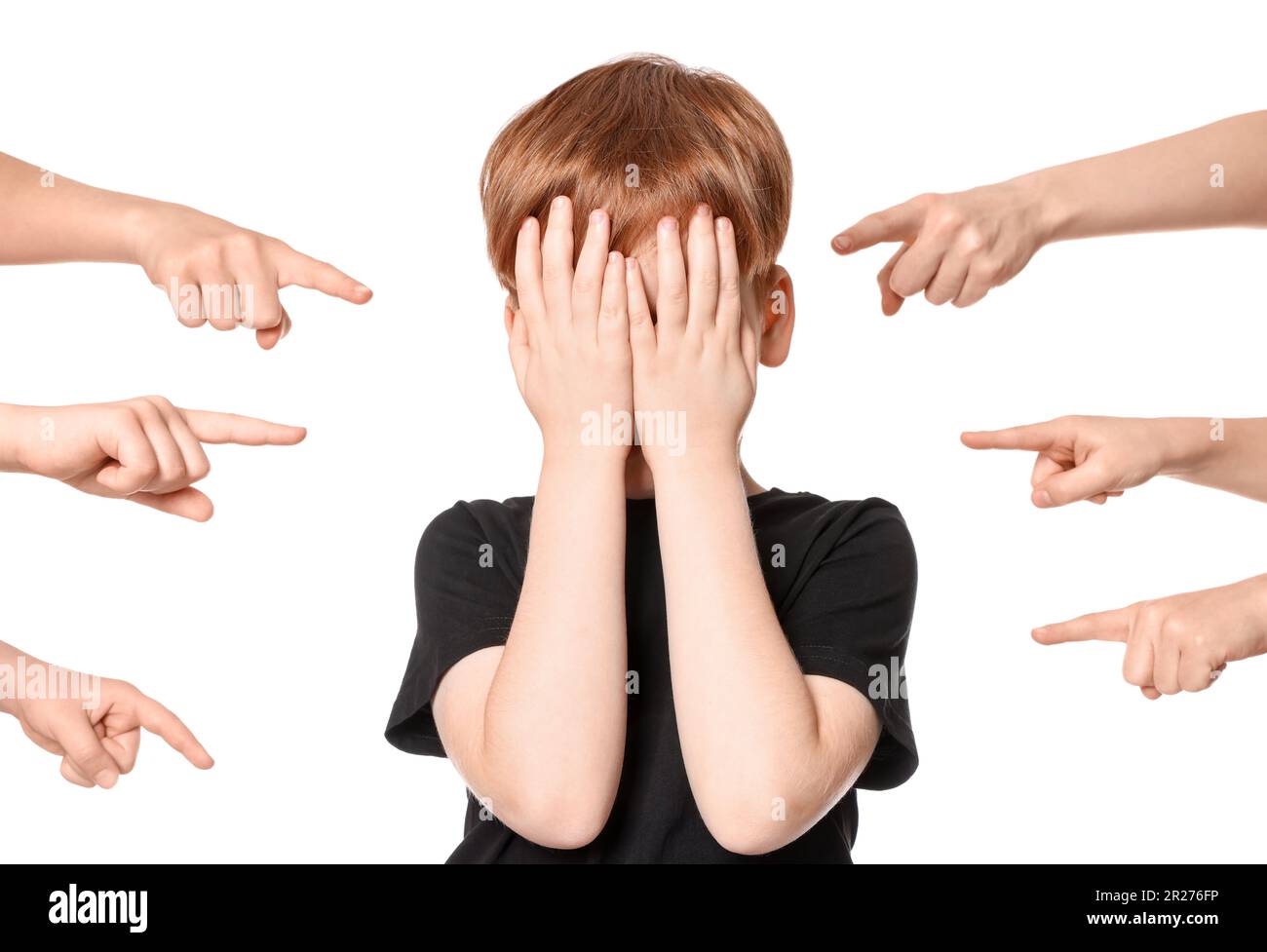 Boy covering face with hands and kids pointing at him on white ...