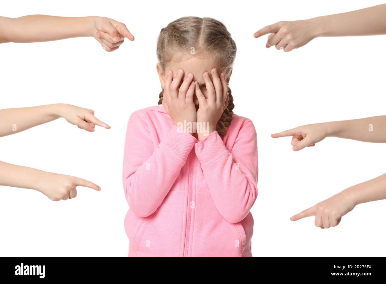 Kids pointing at upset girl on white background. Children's bullying ...