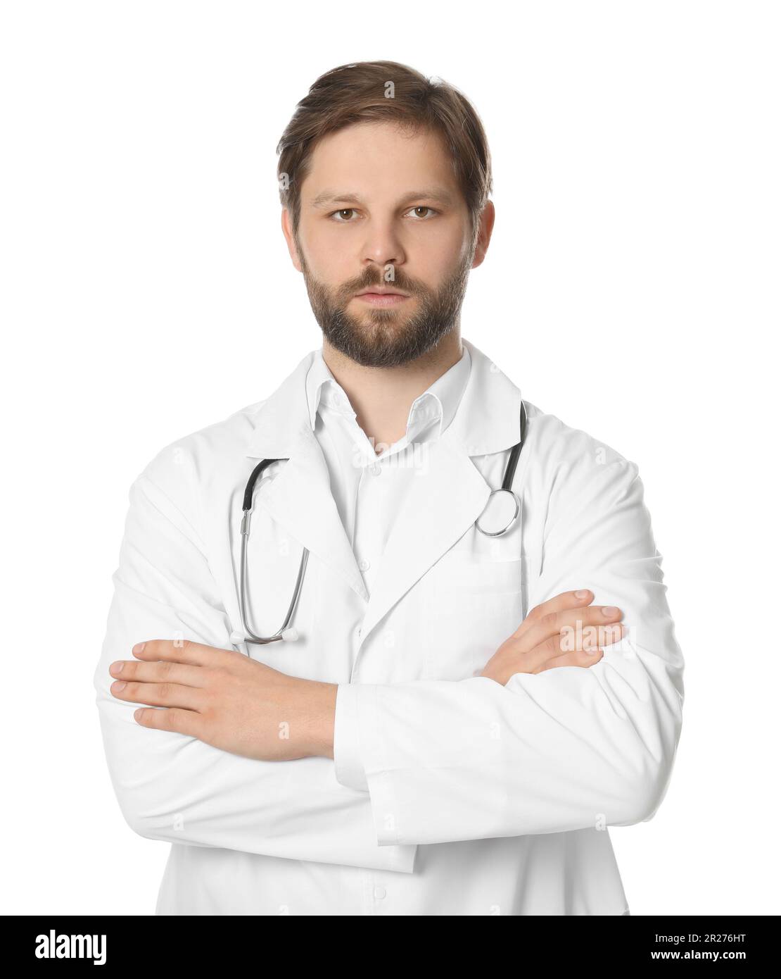 Doctor or medical assistant (male nurse) in uniform with stethoscope on ...