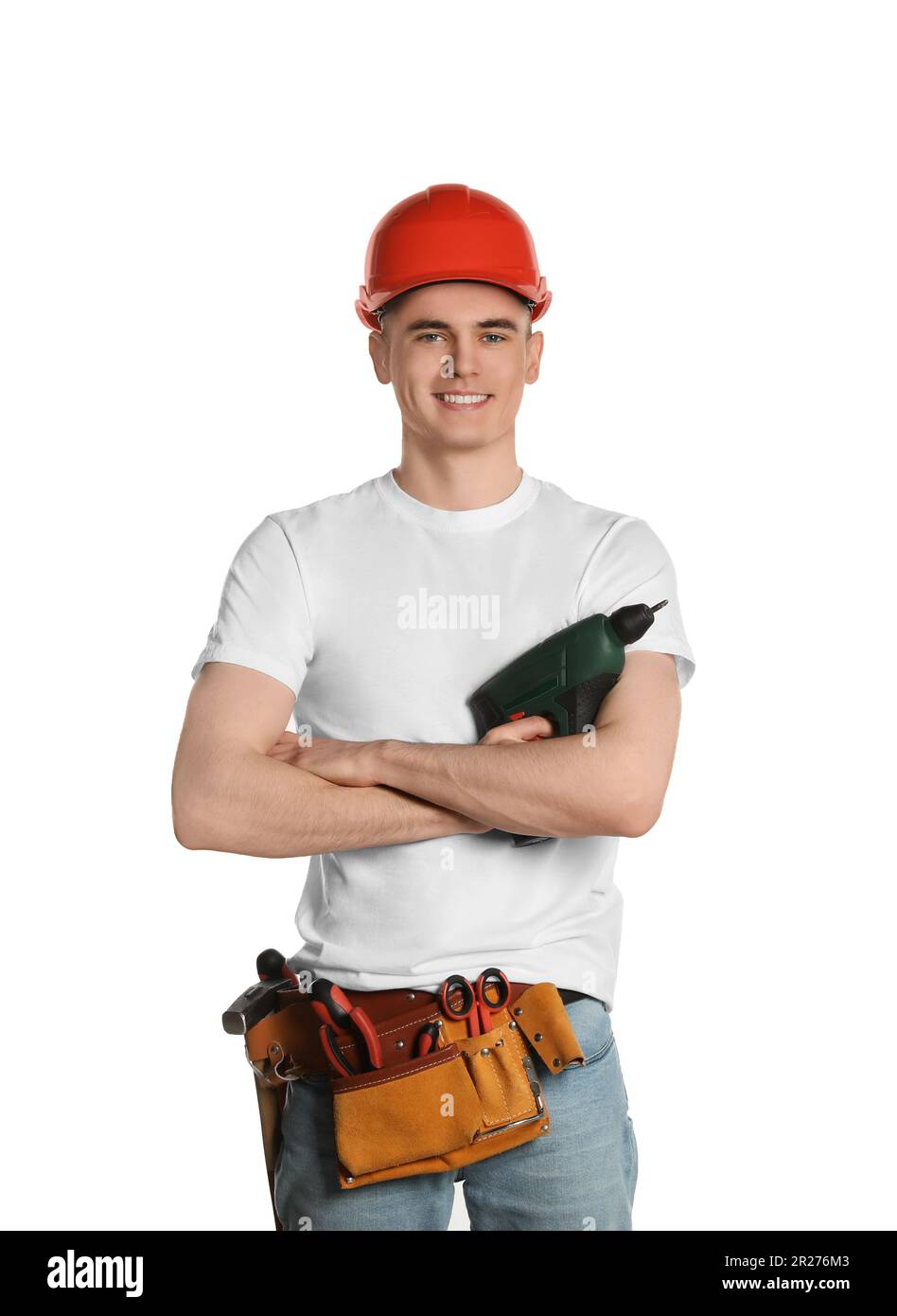 Handyman with tool belt and electric screwdriver isolated on white ...