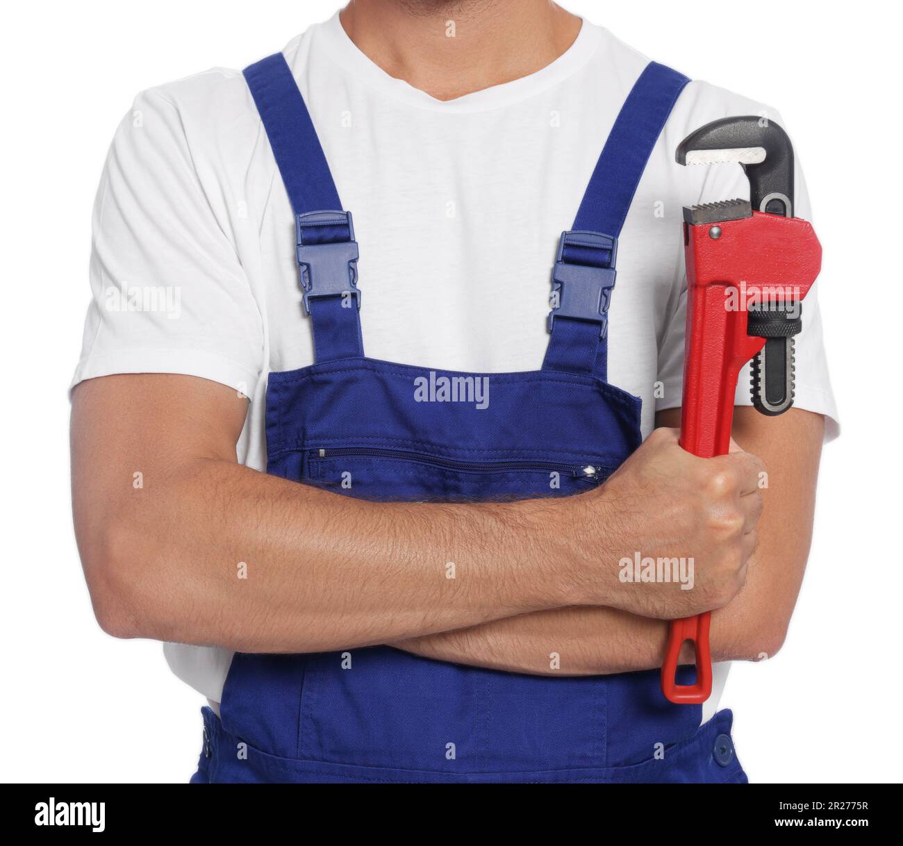 Professional plumber with pipe wrench and on white background, closeup ...