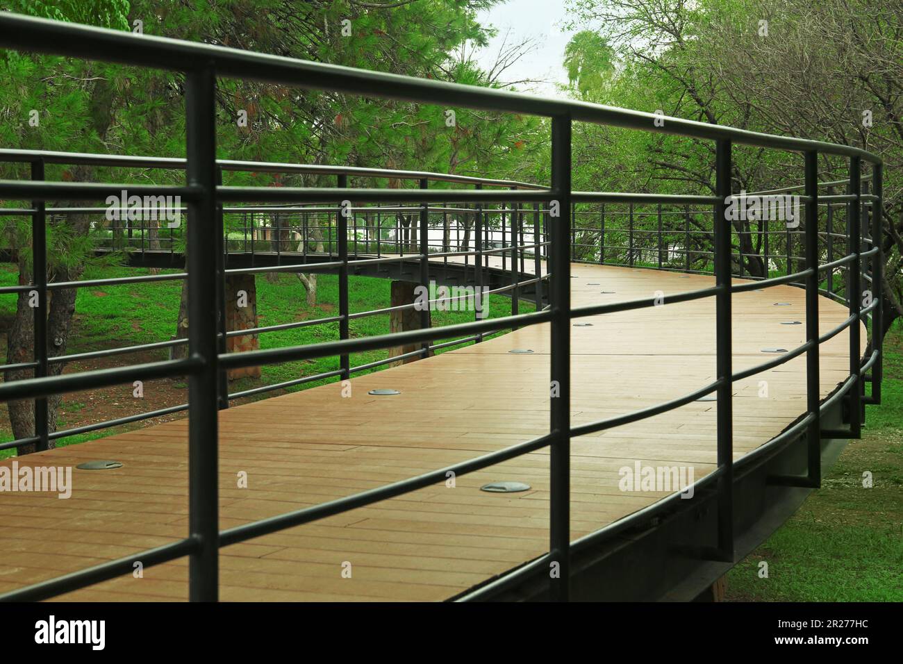 Beautiful pathway with metal handrails in park near trees Stock Photo ...