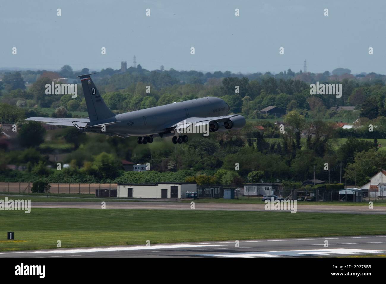 A U.S. Air Force KC-135 Stratotanker aircraft assigned to the 100th Air Refueling Wing conducts ...