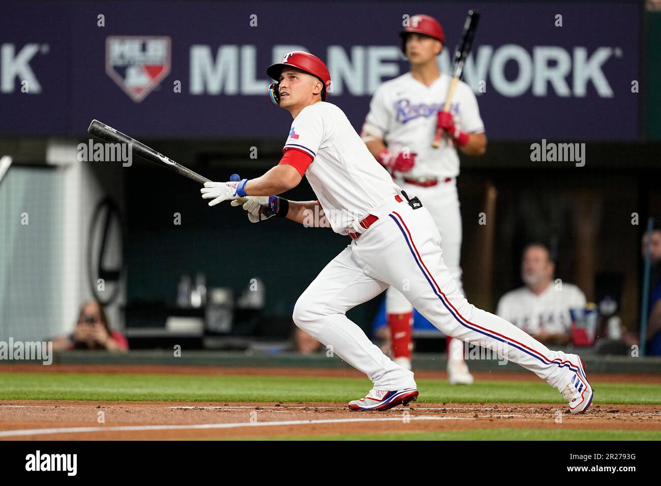 Texas Rangers' Corey Seager flies out to left in the first inning of ...
