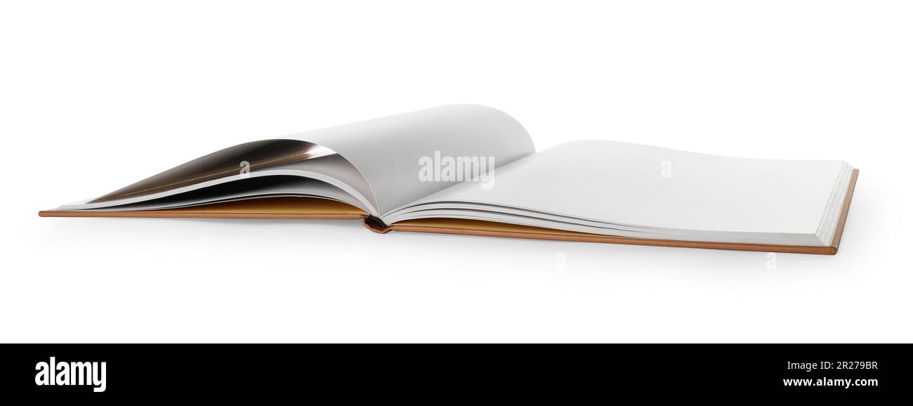 Open book with hard cover on white background Stock Photo - Alamy