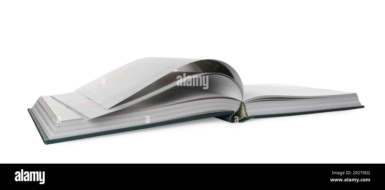 Open book with hard cover on white background Stock Photo - Alamy