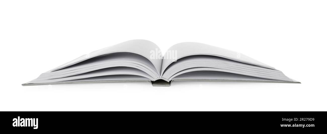 Open book with hard cover on white background Stock Photo - Alamy