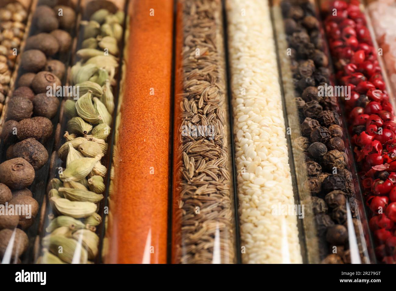 Glass tubes with different spices, closeup view Stock Photo - Alamy