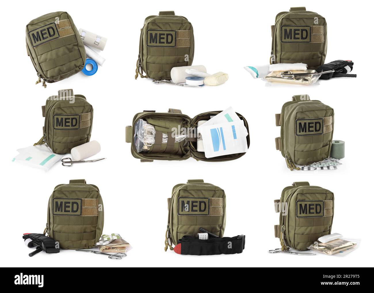 Collage with military first aid kit on white background Stock Photo - Alamy