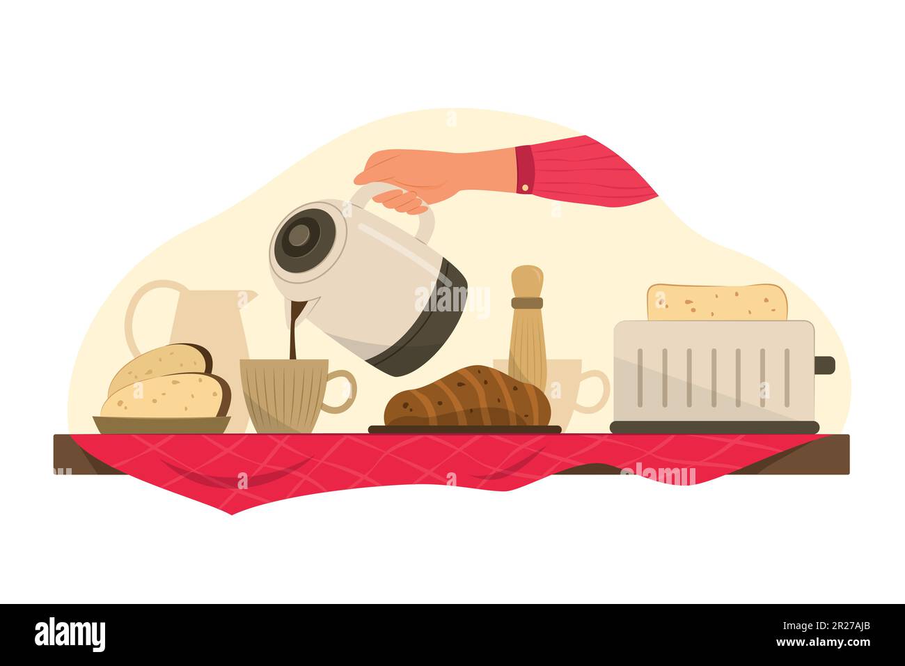 Human Hand Pouring Coffee Into Cup with Breakfast Meal Set Concept ...