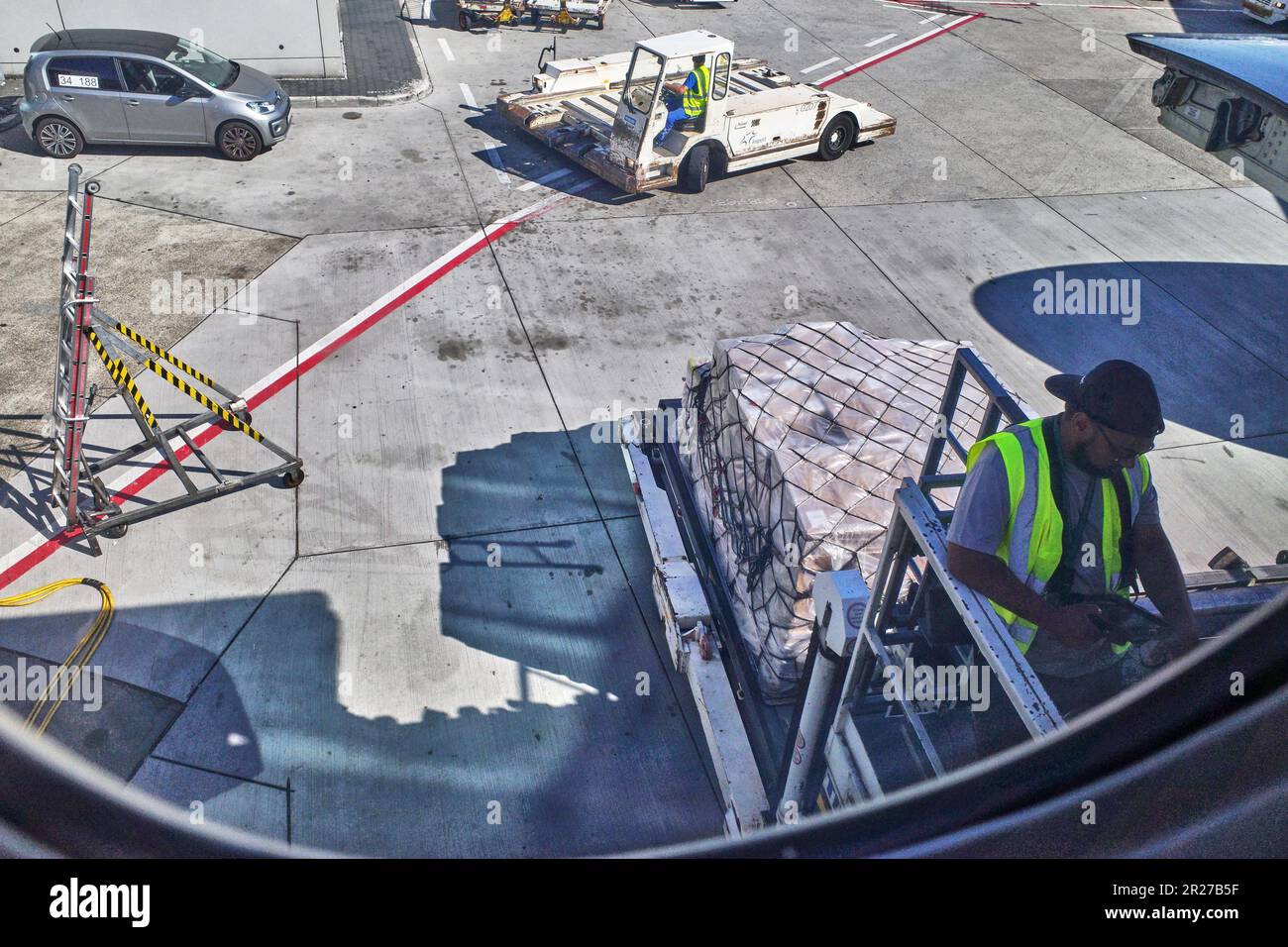 Male Member of an airport ground crew works on loading a plane, as seen ...