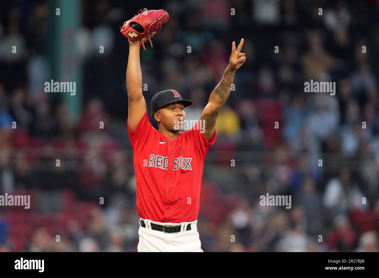 Boston Red Sox's Brayan Bello celebrates a catch by Alex Verdugo to ...