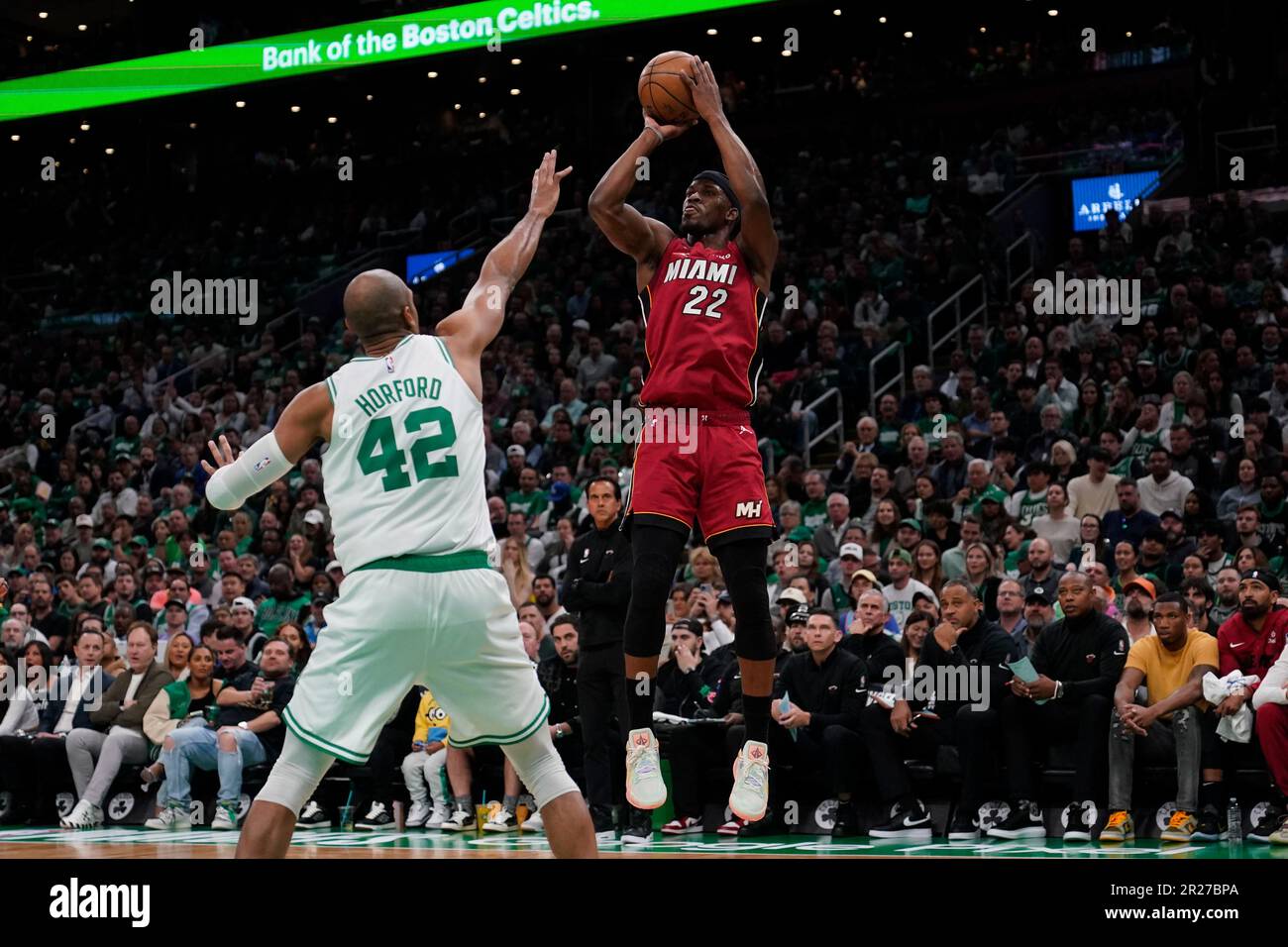 Miami Heat forward Jimmy Butler (22) shoots against Boston Celtics ...