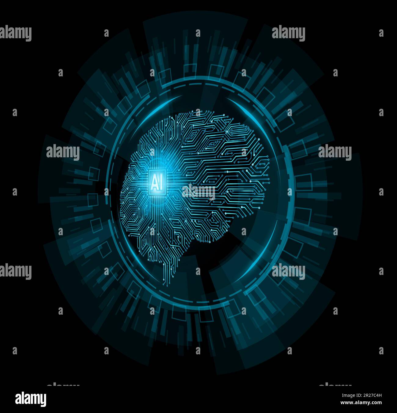 Abstract Artificial intelligence concept. Circuit board and human brain in circle hud graphic ...
