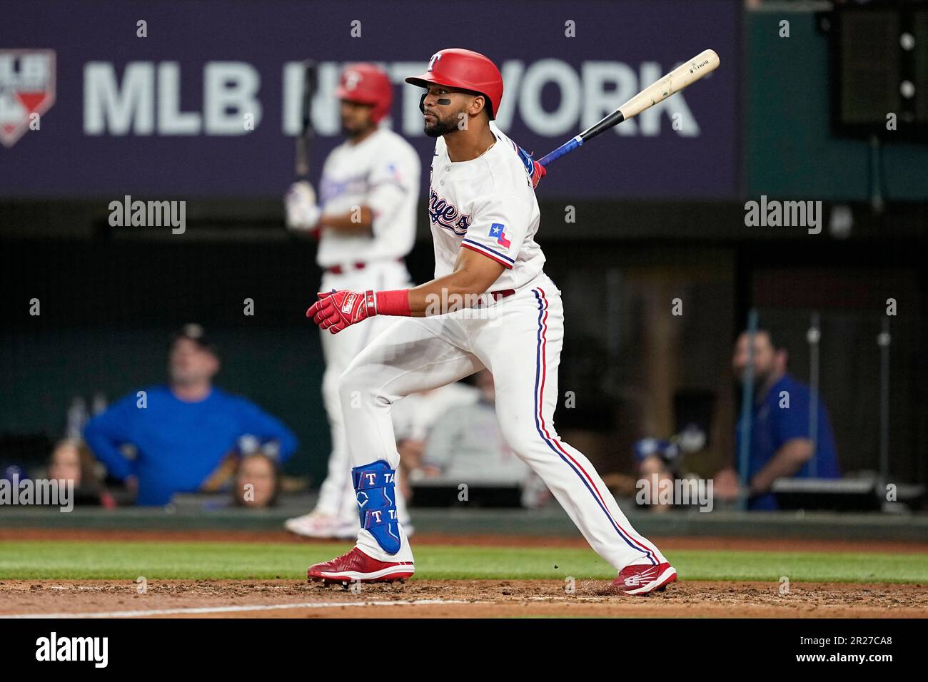 Texas Rangers' Leody Taveras follows through on an RBI single during ...