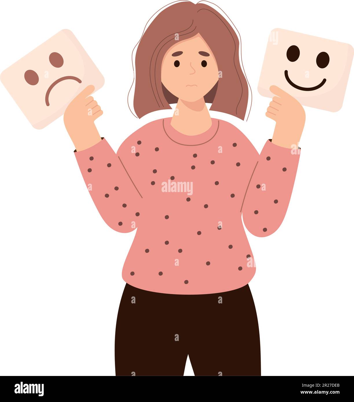 Emotion, searching identity. Cute girl trying on masks with happy or ...