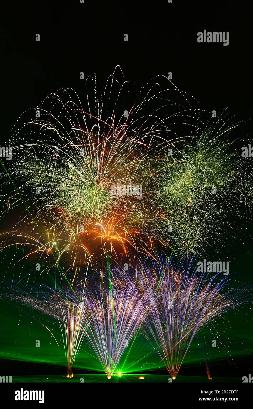 Laser show and fireworks of Oshino Hakkai festival Stock Photo - Alamy