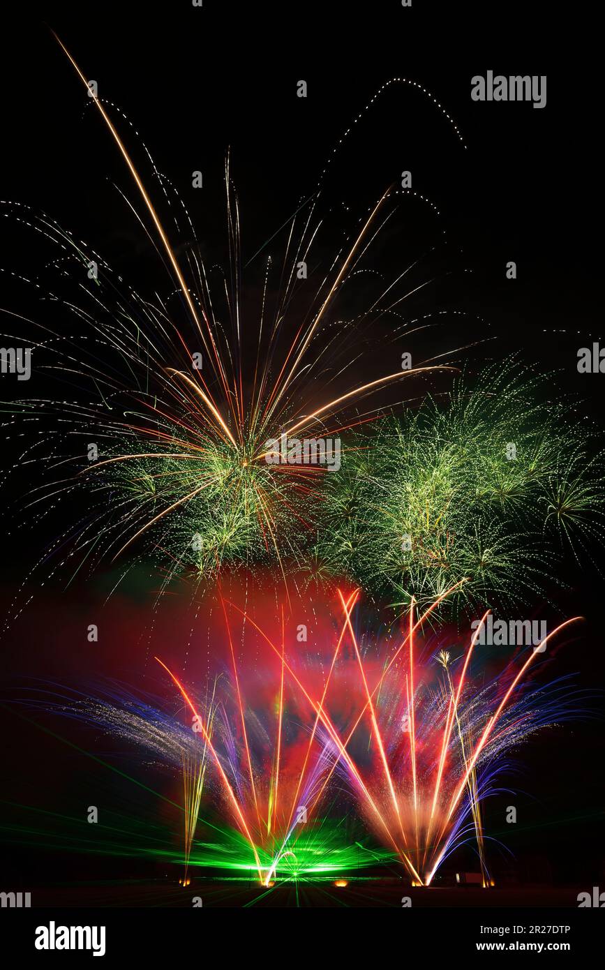 Laser show and fireworks of Oshino Hakkai festival Stock Photo - Alamy