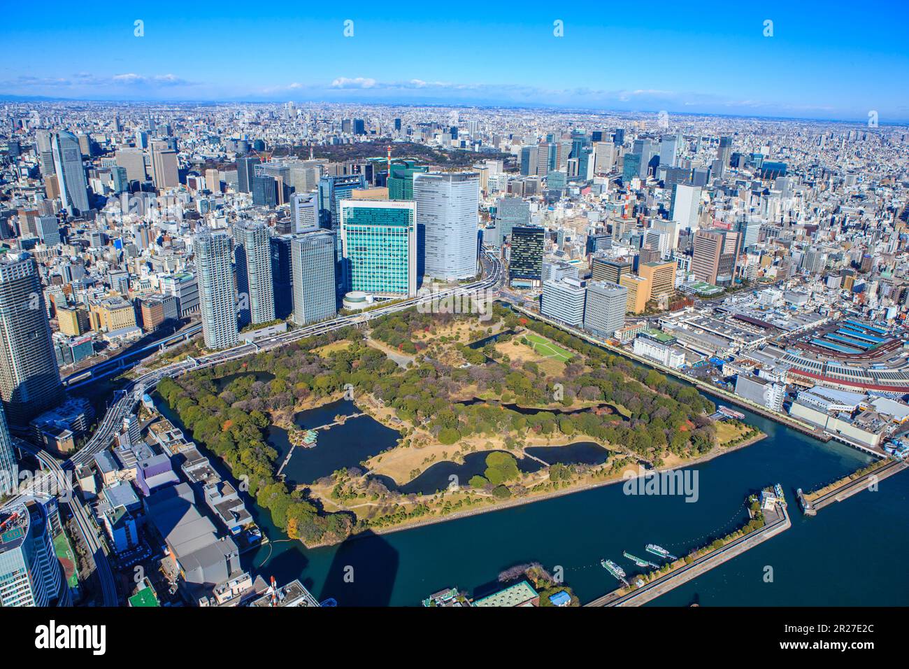 Hama Rikyu Park and buildings in Shiodome as seen from the sky above ...