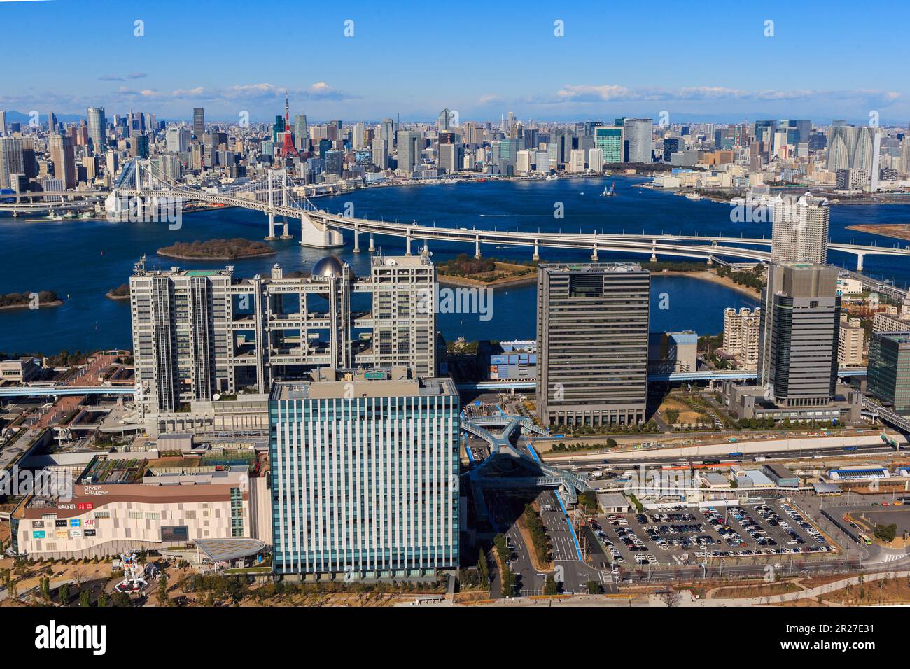 The area around Odaiba, Rainbow Bridge, and Tokyo Tower from above Koto ...