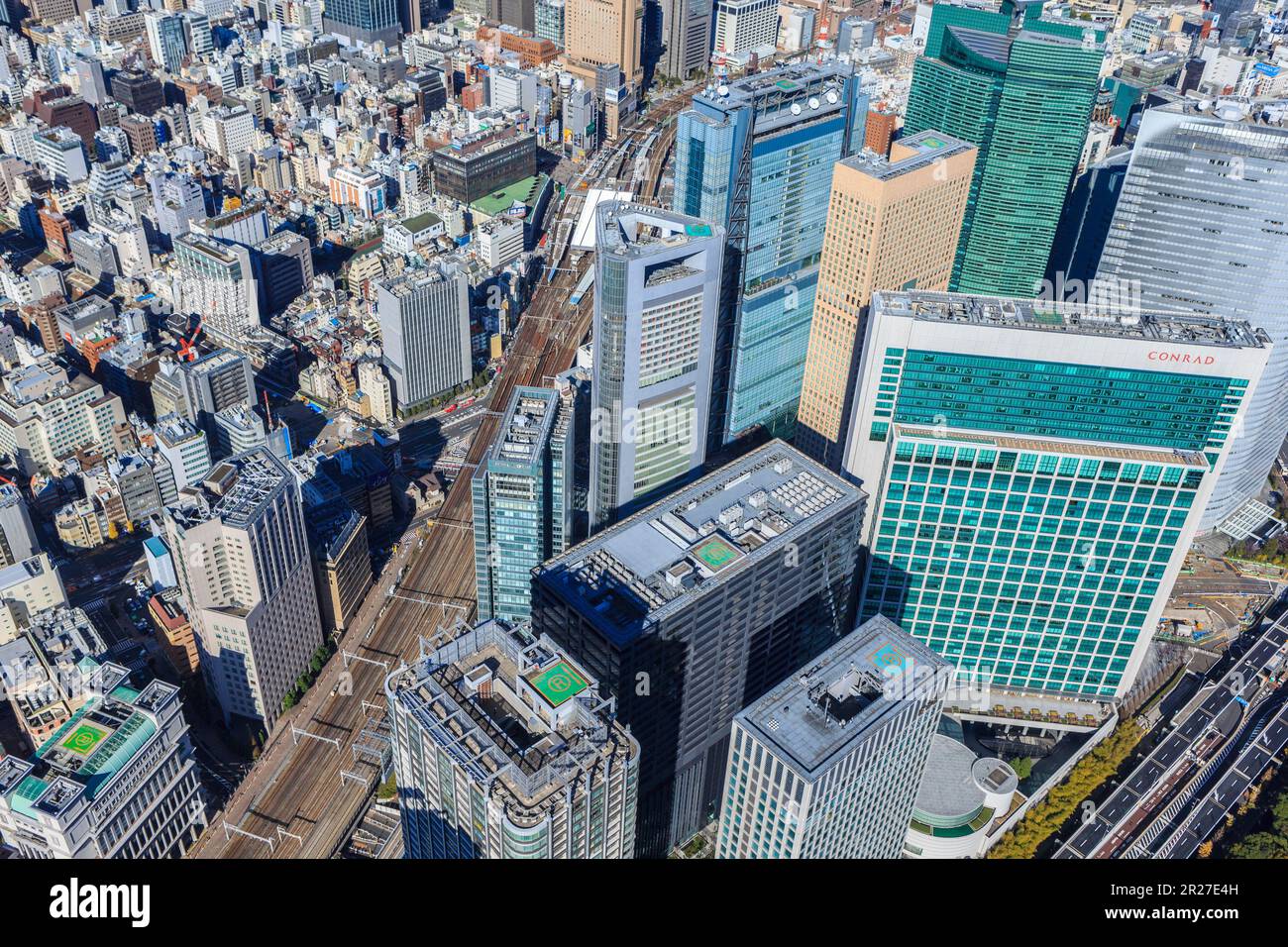A group of buildings in Shiodome and Shinbashi Station from above ...