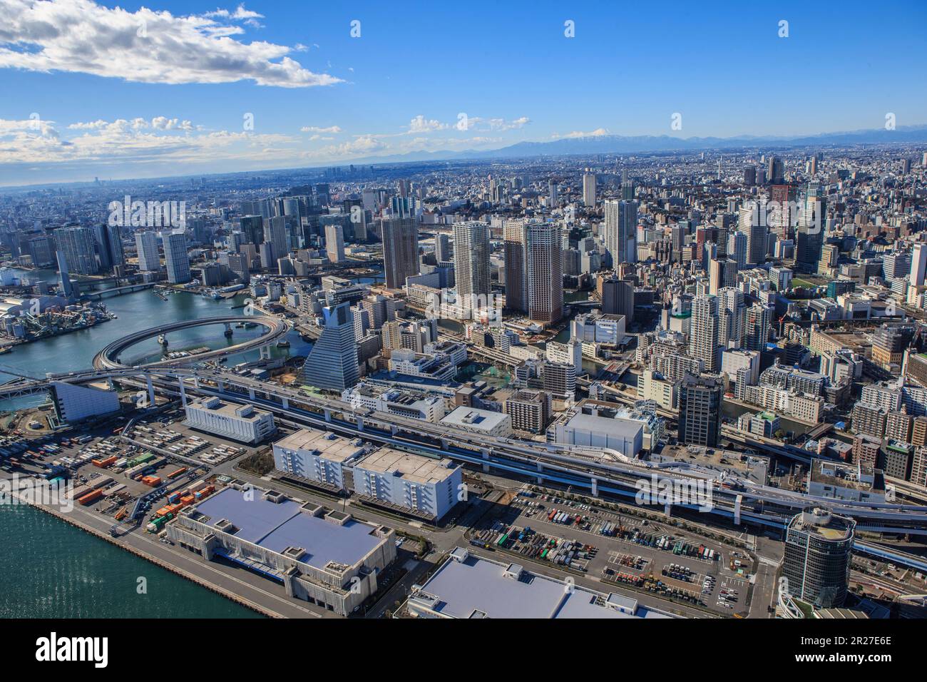Shibaura Pier and Mount Fuji as seen from the sky above Chuo Ward Stock ...