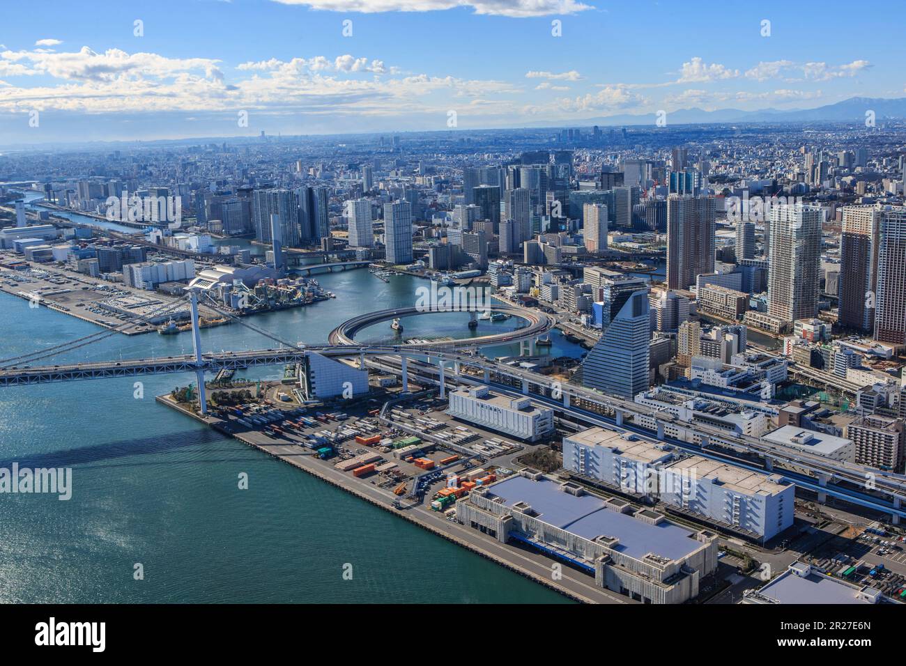 Rainbow Bridge and Shibaura Pier as seen from the sky above Chuo Ward ...