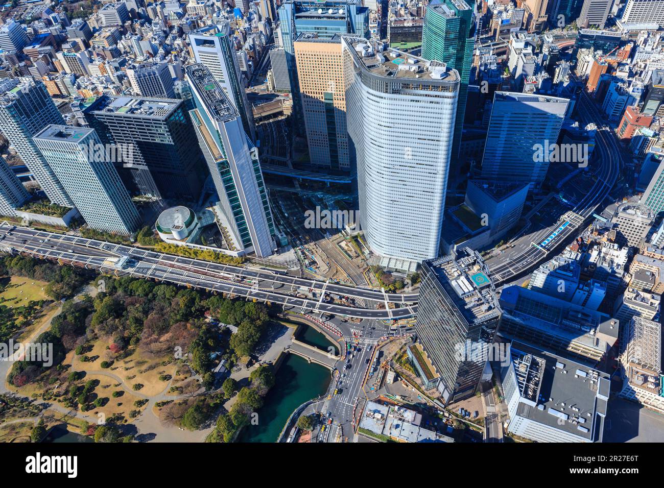 Buildings in Shiodome and Hamarikyu Garden as seen from the sky above ...