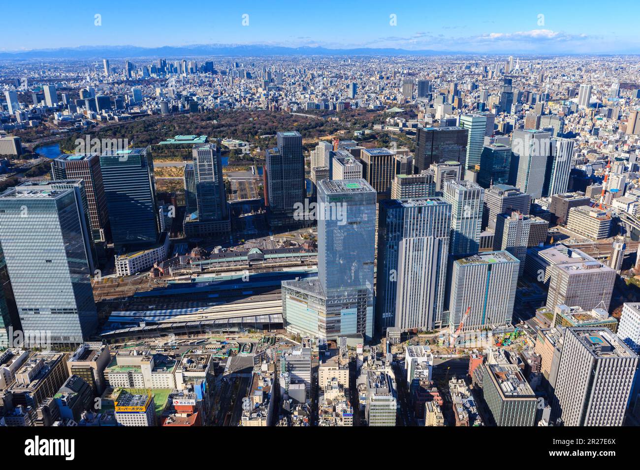 Tokyo Station and buildings in Marunouchi as seen from the sky above ...