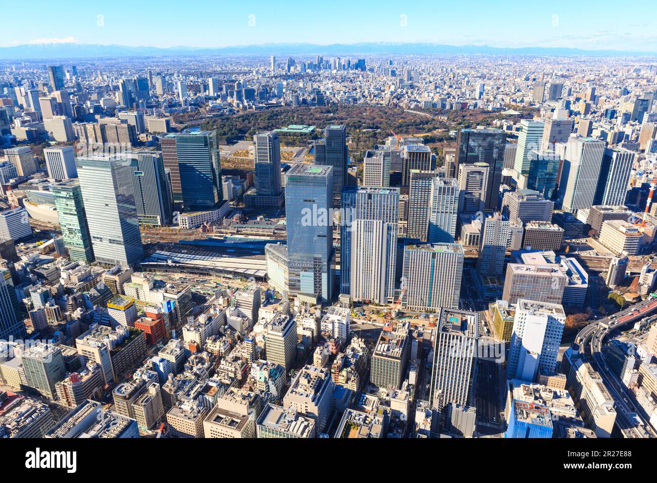 Tokyo Station and buildings in Marunouchi as seen from the sky above ...