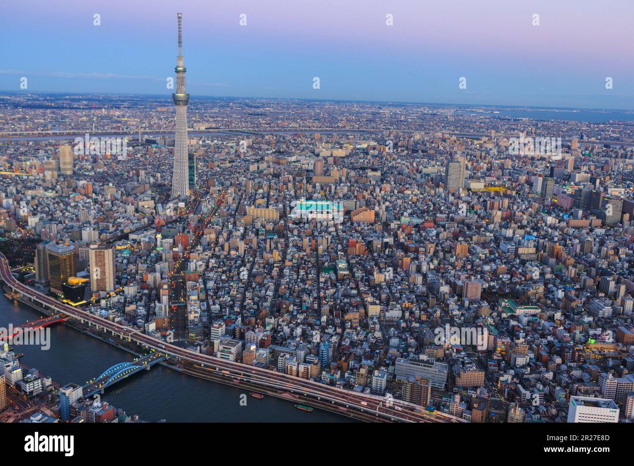 The overview of the evening scene of TOKYO SKYTREE and the Sumida River ...