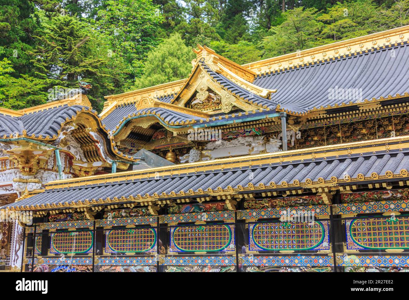 roofs of Karamon (large gate with a karahafu gable) and the main Shrine ...