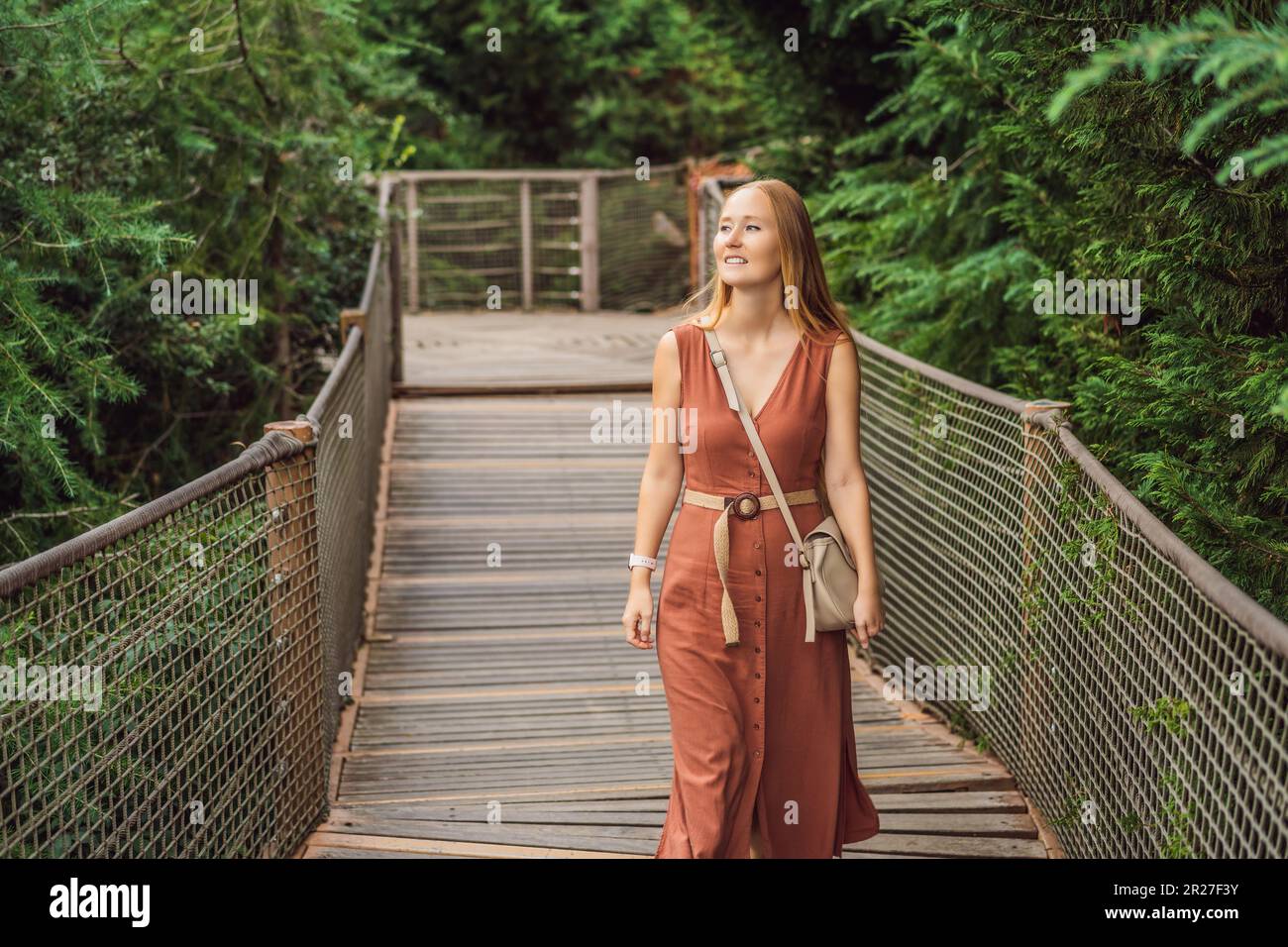 Woman tourist in Rope bridge in Yildiz Park. Besiktas, Istanbul, Turkey ...