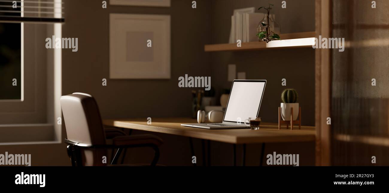 Side view of a modern contemporary workspace with laptop computer white ...