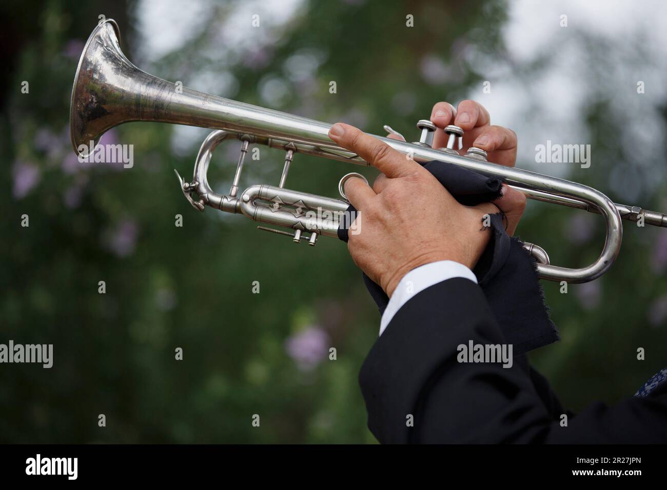 Hands of mariachi musician close up playing his trumpet in Tucson ...
