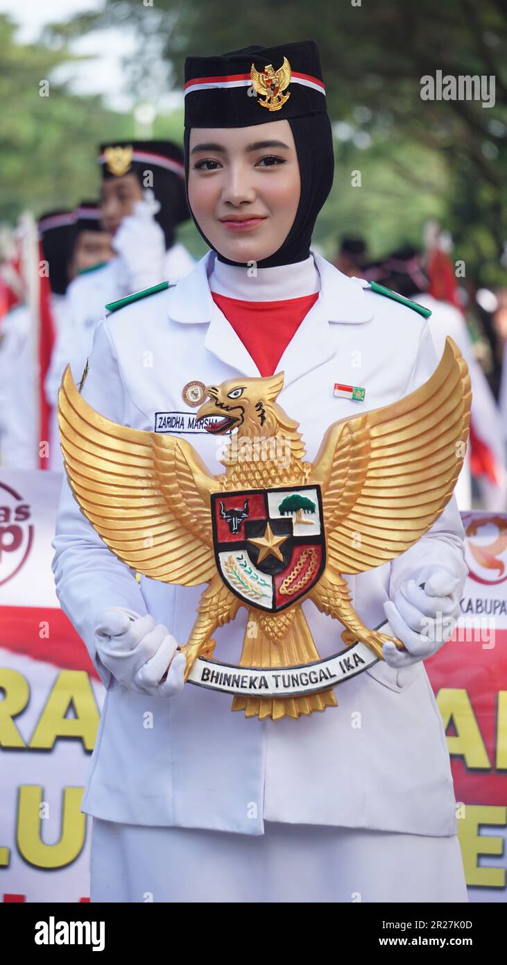 Indonesian holding Garuda Pancasila (Indonesian five principles Stock ...