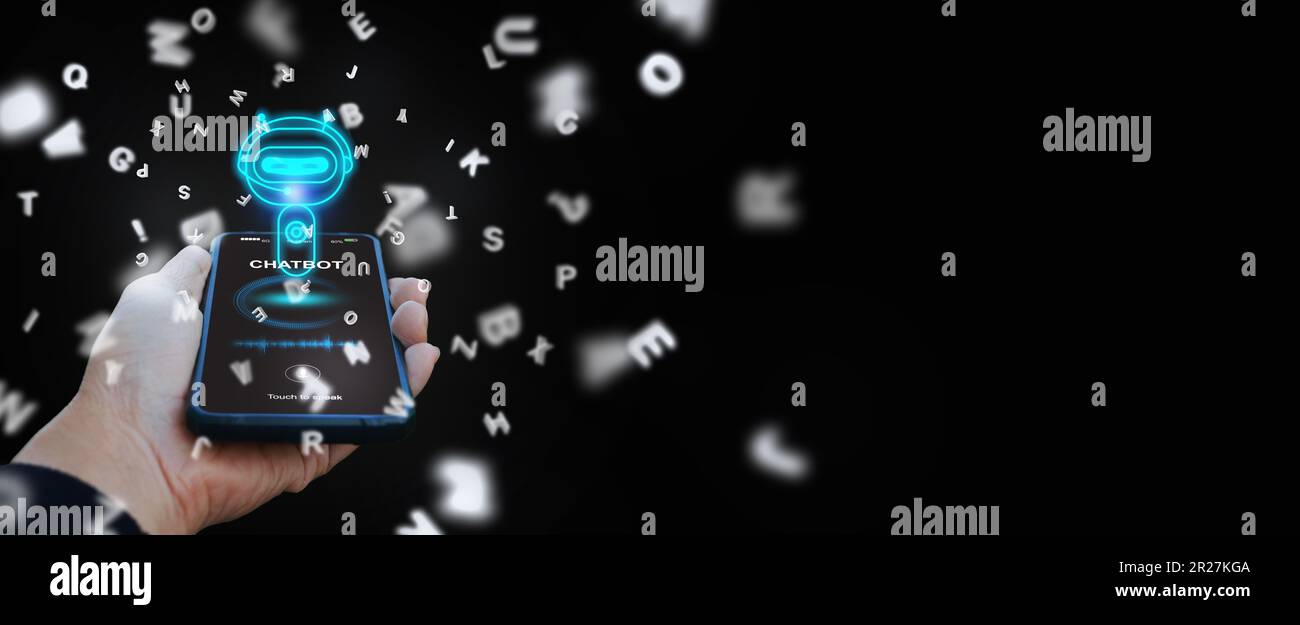 Chatbot speaks human language concept. A man's hand holds a smartphone ...