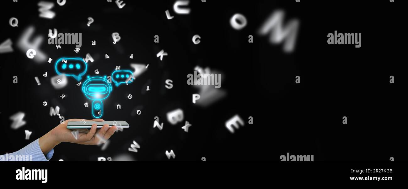 Chatbot speaks human language concept. A man's hand holds a smartphone ...