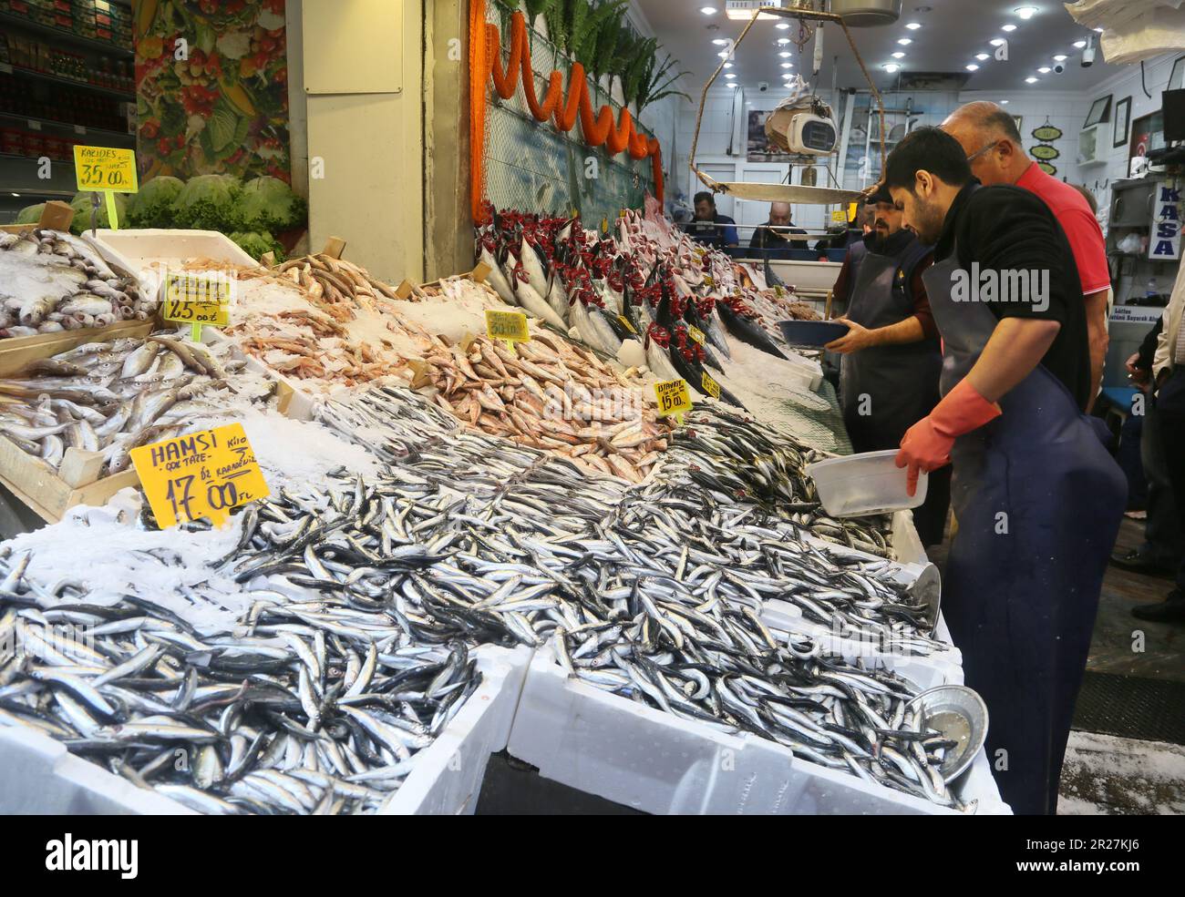 ISTANBUL, TURKEY - OCTOBER 31: Raw fishes on the fish counter at ...