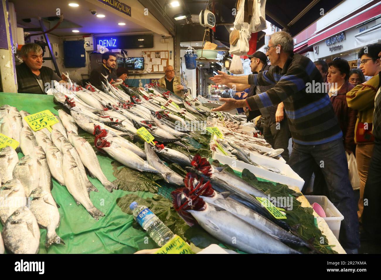ISTANBUL, TURKEY - OCTOBER 31: Raw fishes on the fish counter at ...