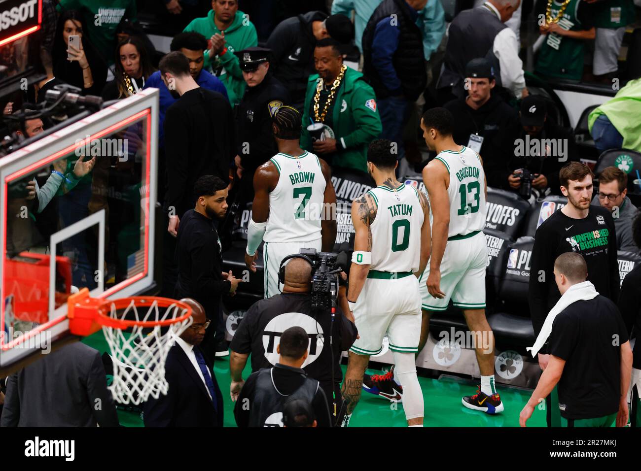 Boston Celtics guard Jaylen Brown (7), forward Jayson Tatum (0) and guard Malcolm Brogdon (13 ...