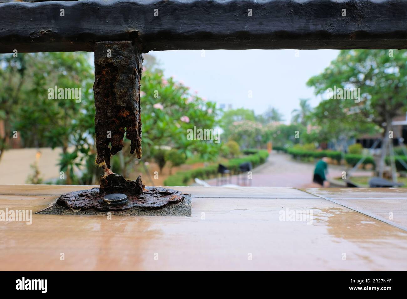 Metal posts containing iron showing corrosion and rust in humid ...